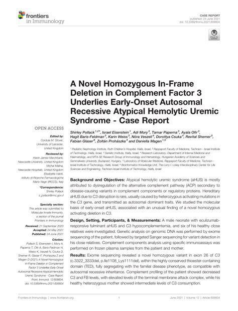 PDF A Novel Homozygous In Frame Deletion In Complement Factor 3