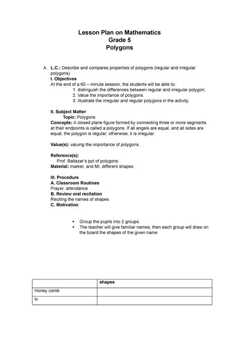 Lesson Plan On Mathematics Lesson Plan On Mathematics Grade 5