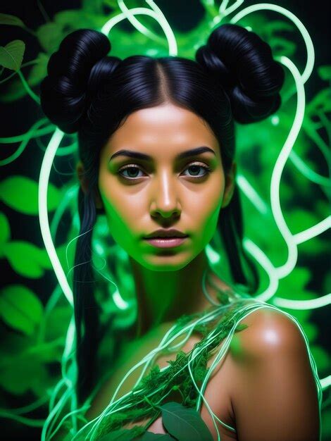 Digital Painting Of Woman With Green Leaves On Her Head And Green