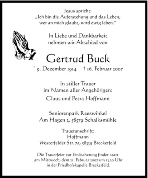 Traueranzeigen Von Gertrud Buck Trauer In NRW De