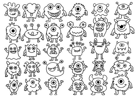 Big Monsters Set Collection Cute Different Aliens In Doodle Style