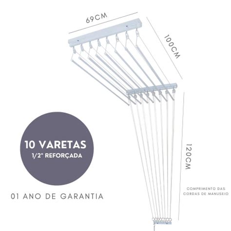 Varal Individual De Teto Cm X Varetas Em Alum Nio Branco Em