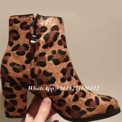Primavera Outono Couro Crina Impresso Zipper Botas Sapatos De Leopardo