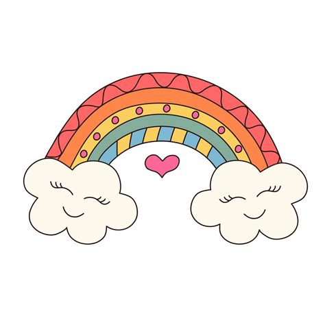 Cute Rainbow Character With Clouds Groovy Retro Hippie Psychedelic