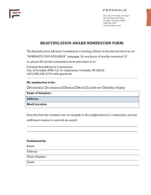Fillable Online BEAUTIFICATION AWARD NOMINATION FORM City Of