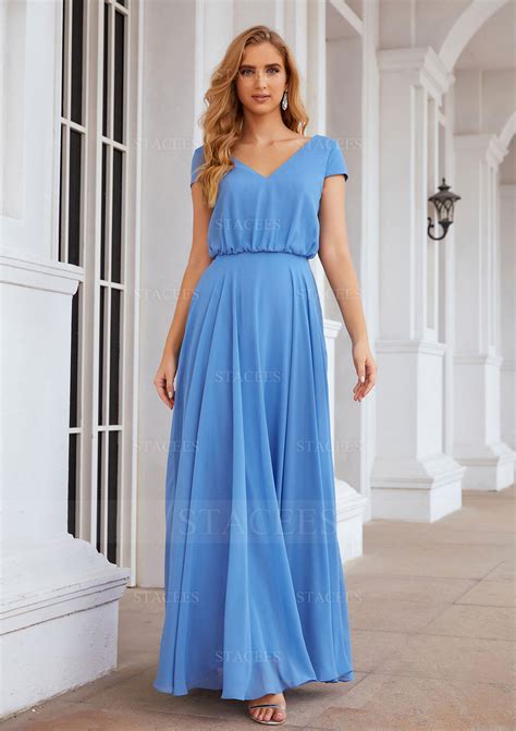 A Line V Neck Short Sleeve Chiffon Long Floor Length Bridesmaid Dress