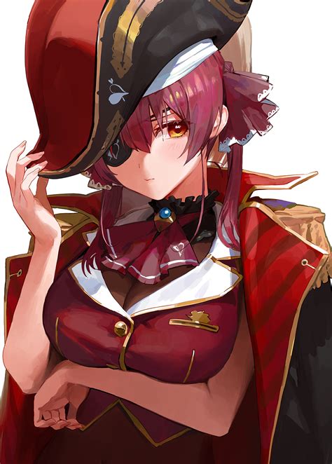 Houshou Marine Orange Eyes Redhead Holding Boobs Mossi Artist