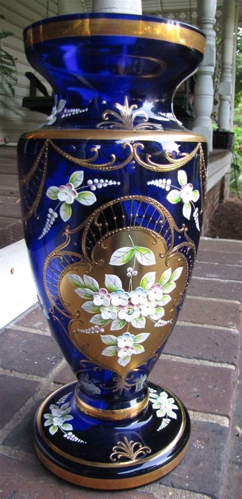 Antique Bohemian Enamel Cobalt Blue Glass Vase