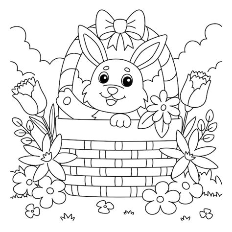Página para colorear de conejo de primavera dentro de la cesta Vector