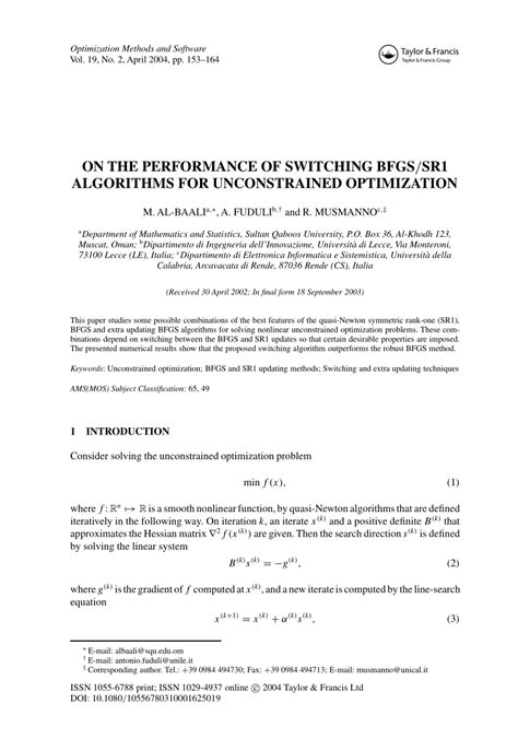 pdf on the performance of switching bfgs sr1 algorithms for unconstrained optimization