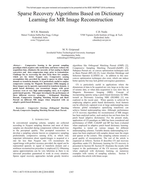 pdf sparse recovery algorithms based on dictionary learning for mr image reconstruction