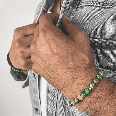 Bracelet Jaspe Vert Homme Perle 8mm Hématite doré Ninanina