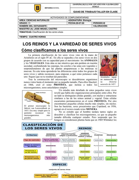 Clasificación DE LOS Seres Vivos WORLD GUIAS DE TRABAJO TALLER EN