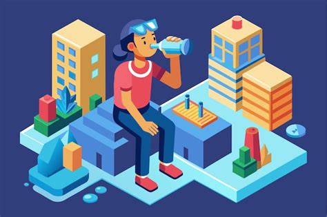 Una persona se sienta cómodamente bebiendo agua en medio de edificios