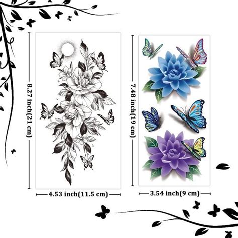 12 Feuilles Faux Tatouage Tatouage Ephemere Femme 3D Rose Papillon