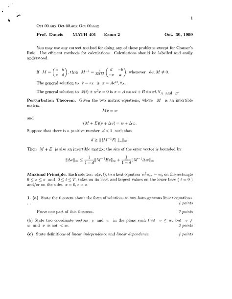 7 questions for applications of linear algebra test 2 math 401 docsity