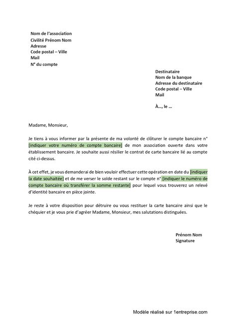 Modèle Lettre clôture compte bancaire association