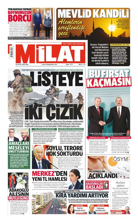 Milat Gazetesi 26 Eylül 2023 Salı Günü Manşeti