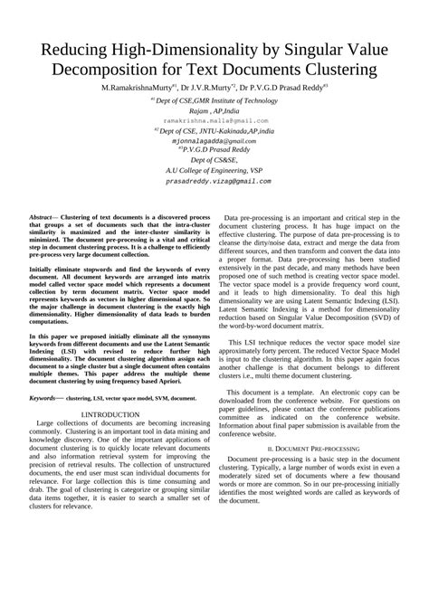 pdf reducing high dimensionality by singular value decomposition for text documents clustering
