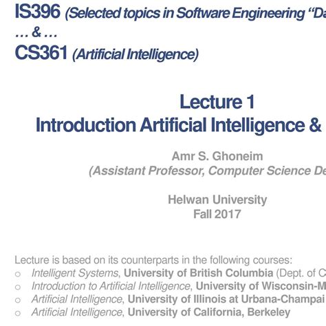 Lecture 1 Introduction To Artificial Intelligence Learning Fall