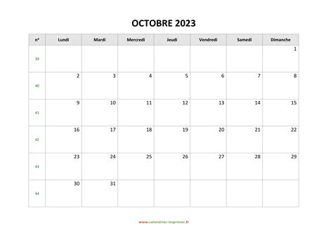 Calendrier Octobre 2023 à imprimer