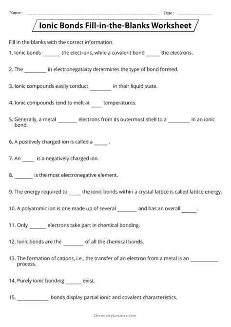 Free Printable Ionic Bonding Worksheets