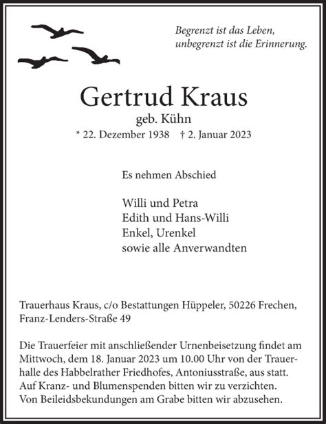 Traueranzeigen Von Gertrud Kraus WirTrauern