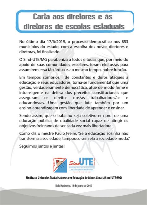 Sind UTE MG Carta aos diretores e às diretoras de escolas estaduais
