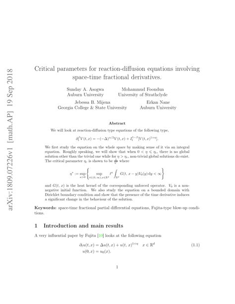 pdf critical parameters for reaction diffusion equations involving space time fractional