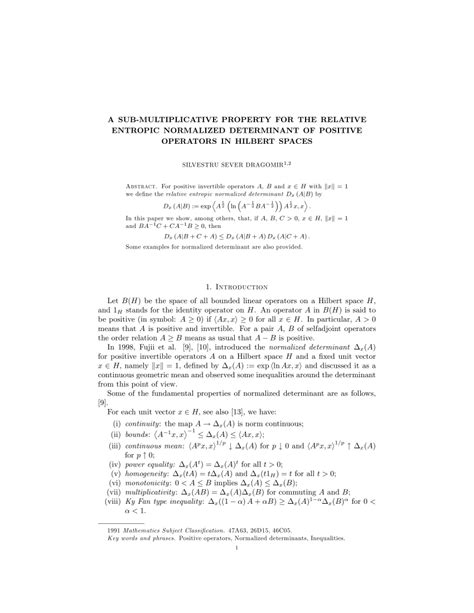 pdf a sub multiplicative property for the relative entropic normalized determinant of positive