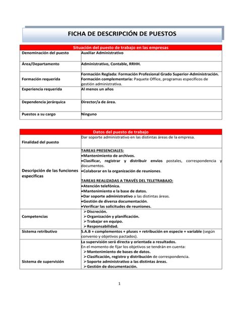 Ficha De Descripci N De Puestos