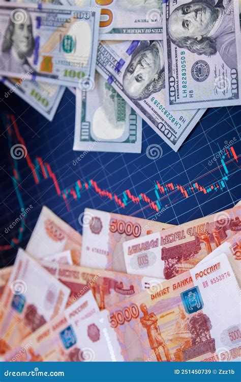 US Dollar And Russian Ruble Banknotes Over Digital Screen With Exchange