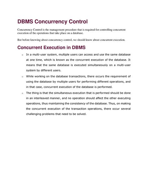 concurrent execution in dbms dbms concurrency control concurrency control is the management