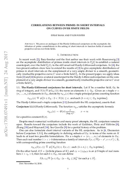 pdf correlations between primes in short intervals on curves over finite fields tyler foster