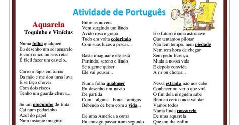 Língua portuguesa Aquarela Toquinho Atividade de língua portuguesa