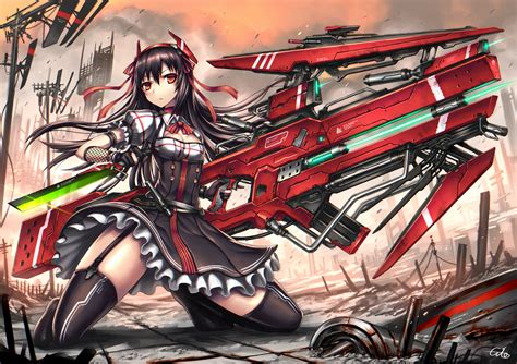 Blackhair Breasts Cleavage Dress Garterbelt Gia Gloves Gun Headband Longhair Original Red