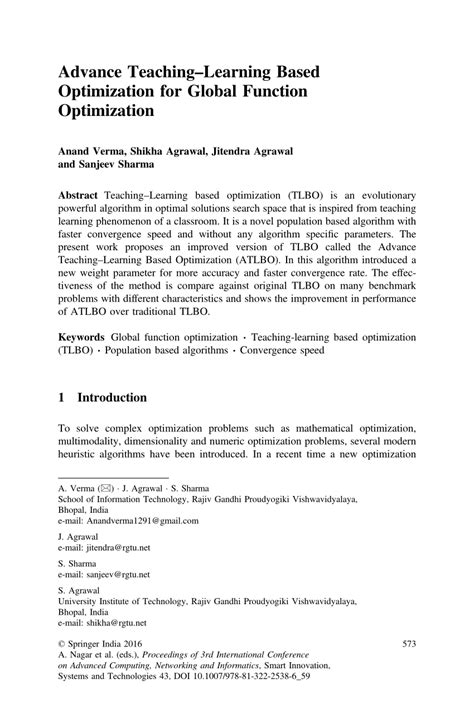 pdf advance teaching learning based optimization for global function optimization