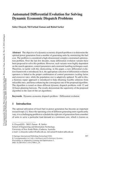 pdf automated differential evolution for solving dynamic economic dispatch problems