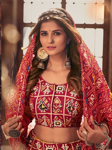 Tango Red Cotton Multicolor Satin Digital Print Navratri Lehenga Choli
