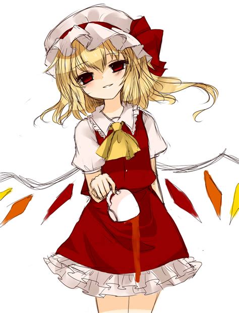 Safebooru 1girl Bent Over Blonde Hair Bow Cup Flandre Scarlet Half Closed Eyes Hat Hat Bow
