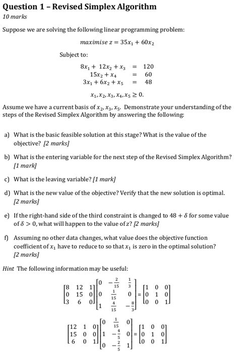 solved question 1 revised simplex algorithm 10 marks