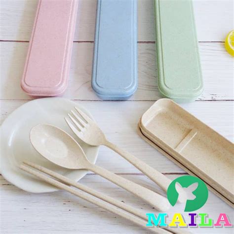 Jual 1 Set Alat Makan Sendok Garpu Sumpit Box Plastik Jerami Wheat