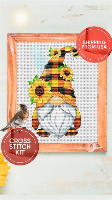 Cross Stitch Kit Gnome With Sunflowers Cross Crafts Art Craft Kit