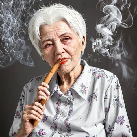Old Lady With White Hair And A Granny Shirt SMOKING