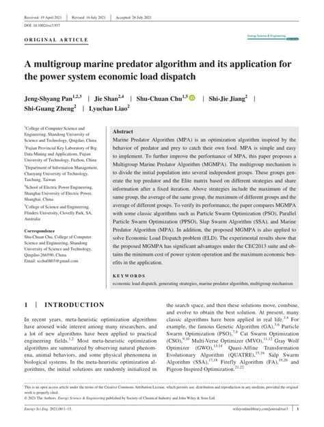 pdf a multigroup marine predator algorithm and its application for the power system economic
