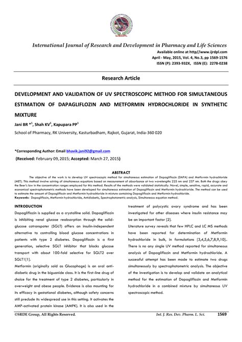 pdf development and validation of uv spectroscopic method for simultaneous estimation of
