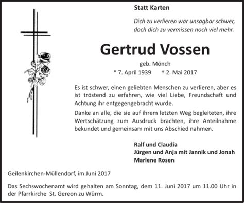 Traueranzeigen Von Gertrud Vossen Aachen Gedenkt