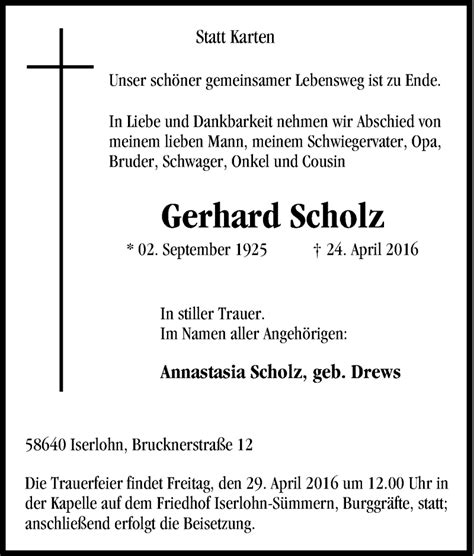 Traueranzeigen Von Gerhard Scholz Trauer In NRW De