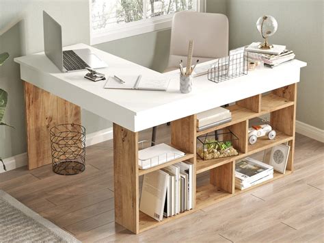 Bureau D Angle Avec Rangements Coloris Blanc Et Naturel LILEUL