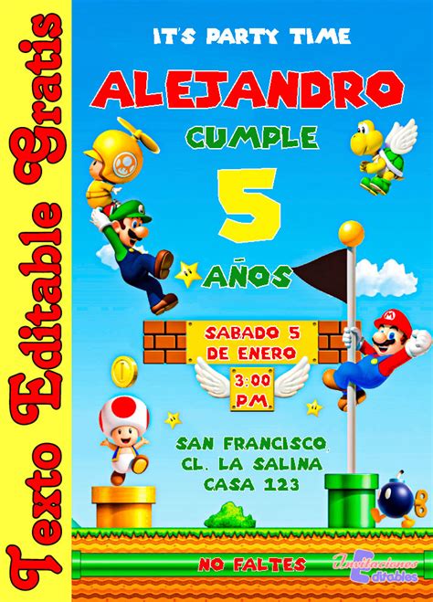 Invitación de Mario Bros Gratis Invitaciones Editables 2023